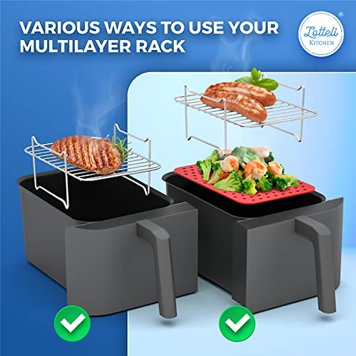 Air Fryer Rack for Double Basket Air Fryers, 304 Stainless Steel Multi-Layer Rack, Air Fryer Accessories Dehydrator Rack Compatible with Dual/Double/Two Basket Air Fryers