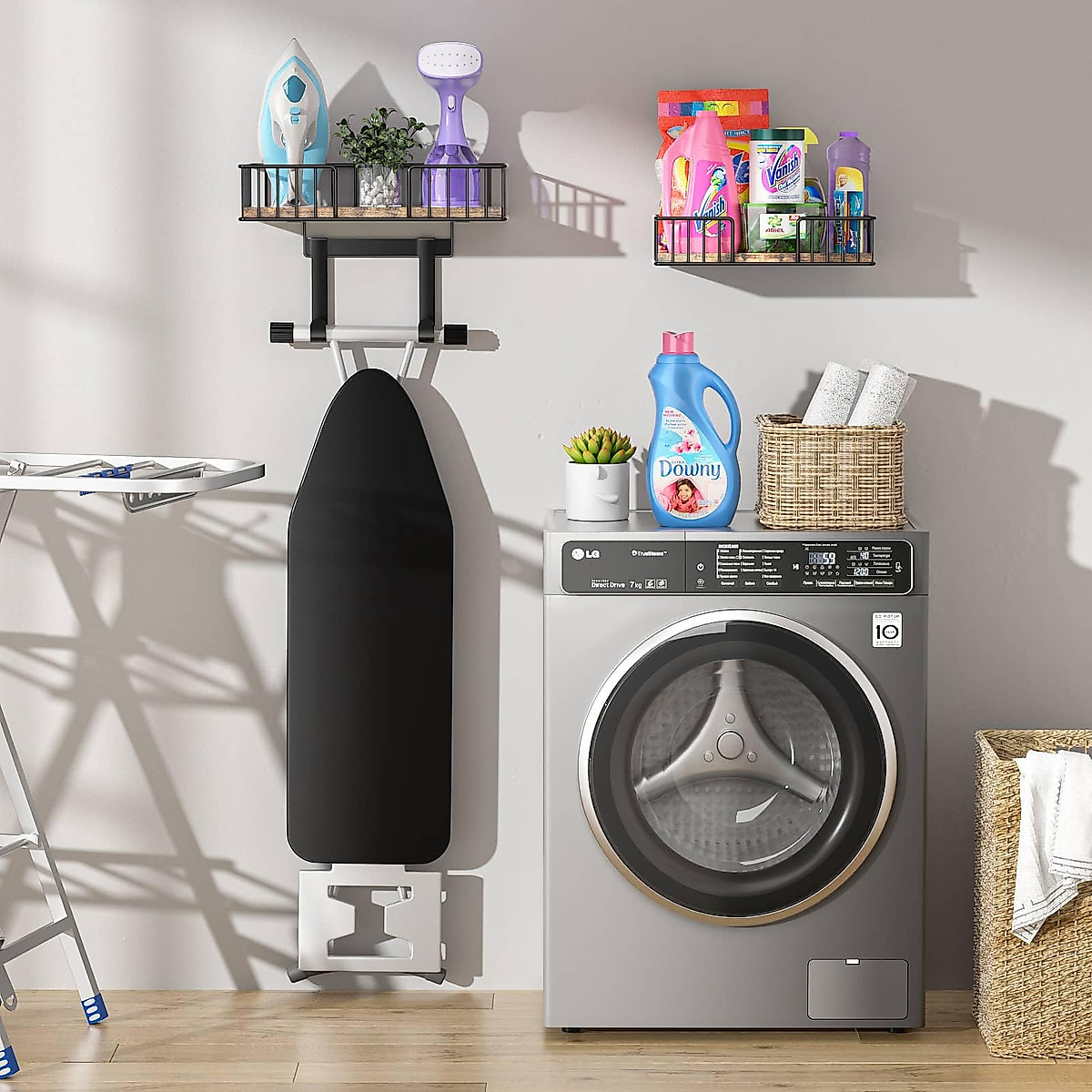 Punmoy Ironing Board Hanger Wall Mount, 2-Tier Iron and Ironing Board Holder with Removable Hooks (T-Shaped Legs), Laundry Room Organization and Storage Wall Mounted