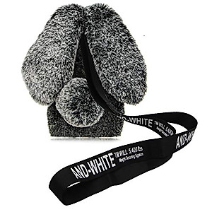 for iPhone 11 Rabbit Case,MOIKY Plush Crossbody Cute Fluffy Bunny Ears Hairball Winter Soft TPU Case for Women Bling Rhinestone Shockproof Silicone Bumper Protection Cover - Black
