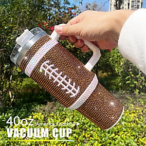 Cupcupmore 40oz America Football Bling Rhinestone Stainless Steel Sippy Tumbler Glitter Vacuum Insulated Water Bottle with Straw & Lid &Handle,Thermos for Hot & Cold Drinks,Car Cup Holder,Coffee