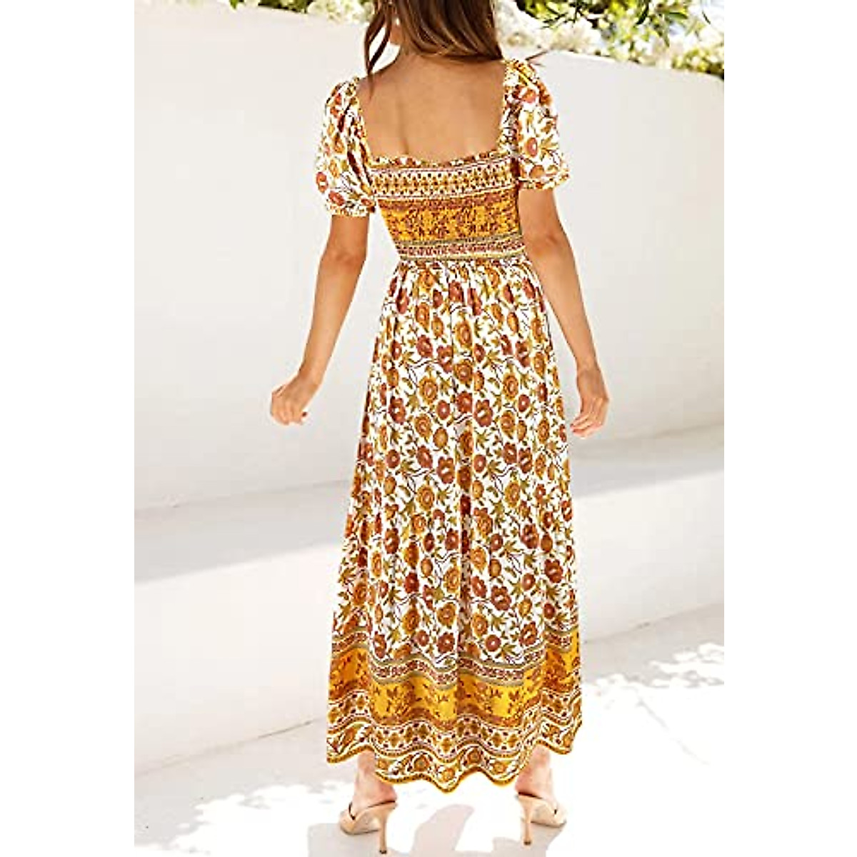 ZESICA Women's 2023 Summer Boho Floral Print Square Neck Ruffle Swing Beach Long Maxi Dress,Yellow,Medium