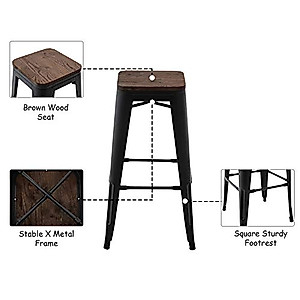 Kmax Industrial Metal Bar Stools Set - Counter Height Bar Stools Chairs Wood Seat Without Backrest Indoor Outdoor, 26", Set of 4, Black