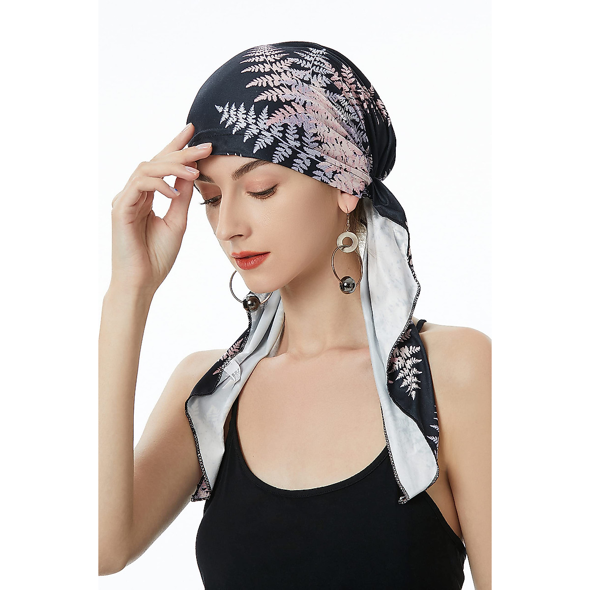 ZLYC Chemo Headwear Pre Tied Head Scarf Headwraps Lightweight Turban Beanie Cap for Women (Leaves Pink Black)
