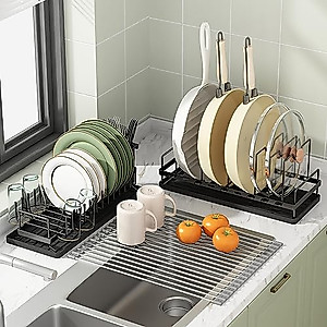 GILLAS 3 Pack Dish Drying Rack & Pot and Pan Organizer & Over The Sink Roll up Dish Drying Rack, 3 in 1 Roll-Up Dish Plates Rack Holder for Kitchen Sink, for Dishes, Knives, Spoons, and Forks, Black
