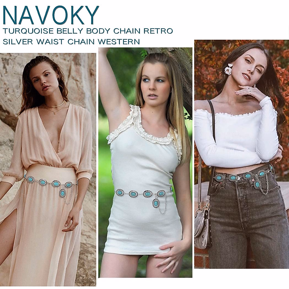 Navoky Turquoise Belly Body Chains Retro Silver Waist Chain Western Chain Belt Concho Belts Boho Body Accessories Jewelry for Women(S)