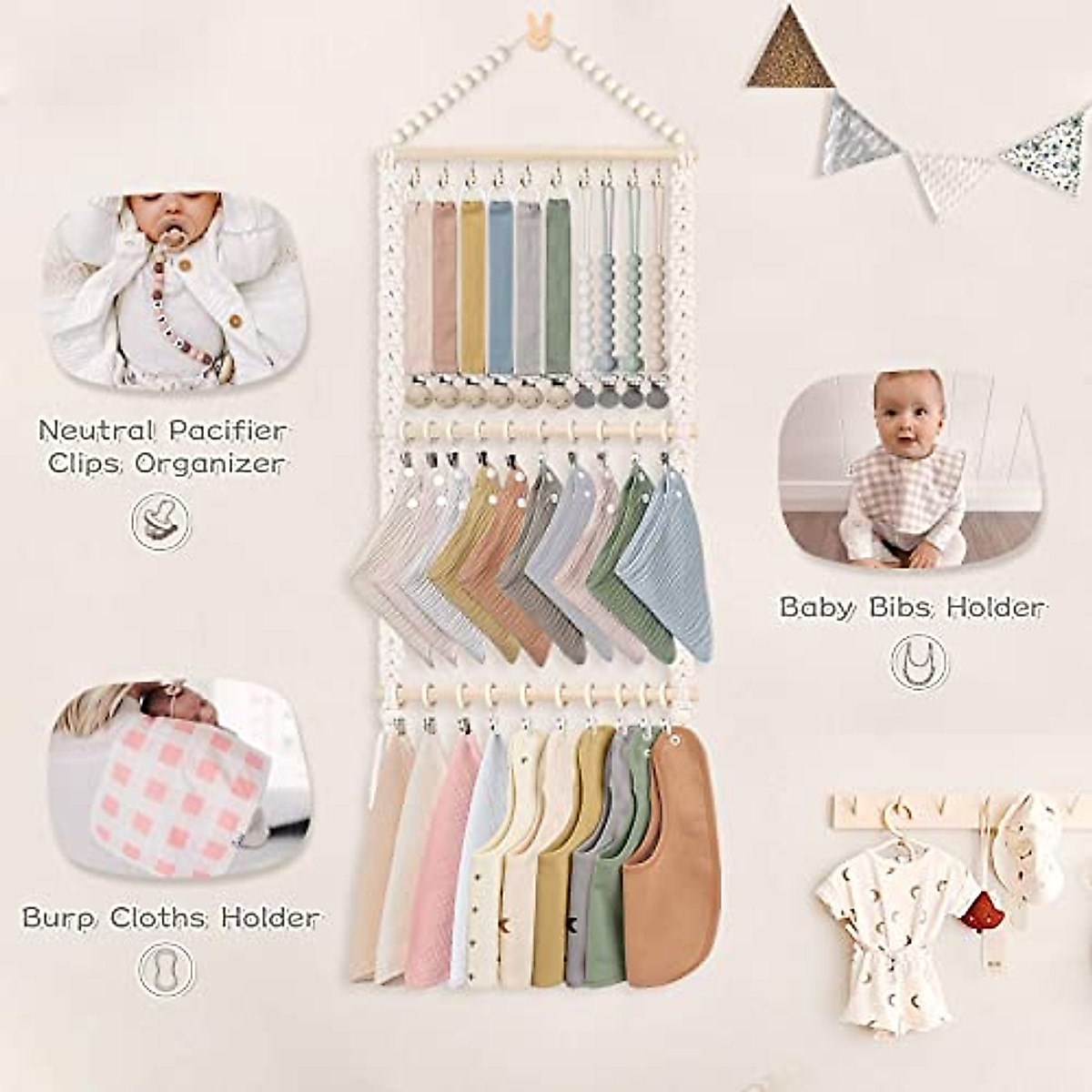 POVETIRE Pacifier Clip Holder Baby Bibs Organizer, Neutral Baby Bandana Drool Bibs Holder - Baby Burp Cloths Organizer Storage Hanging Wall Decor for Nursery Newborn Infant Girls and Boys Room