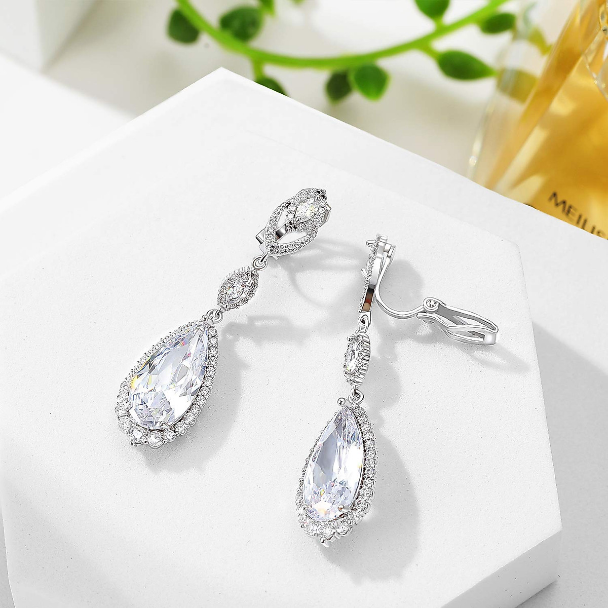 Roslynd Clip-On Earrings for Women/Bride Dangle - Diamond Wedding Clip-Earrings For Women Bridal Bridesmaid Brides, Teardrop Women'S Clip-On Earrings Dangling