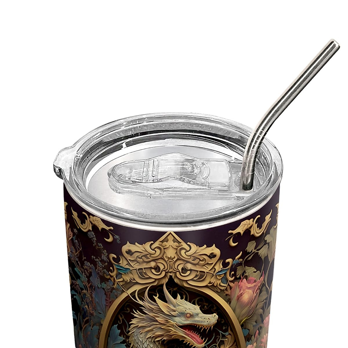 20oz Vintage Flower Dragon Tumbler, Gaming, Gamers Gifts for Dragon Lovers, Coffee Thermos for Women, Stainless Steel Double Wall Vacuum Insulated Coffee Mug, Travel Cup with Lid