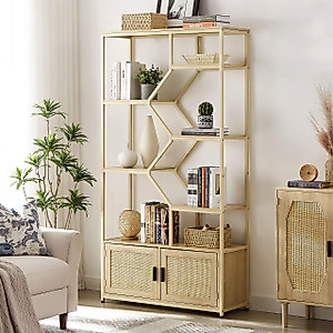 Rattan Bookshelf with 1 Natural Rattan Storage Cabinet and 7 Open Display Shelves, 7 Tier Bookshelf w/Adjustable Shleves & Foot Pad for Living Room, Bedroom, Office, Metal Shelves, Natural