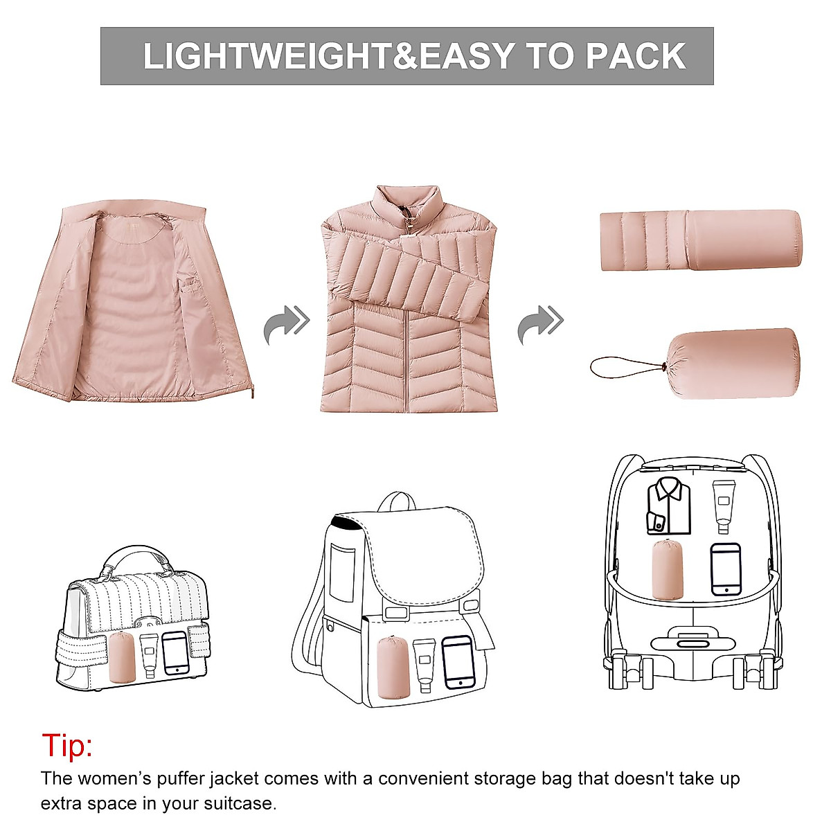 BOSIDENG Lightweight Women's Down Jacket Portable Water-Resistant Puffer Jacket Fall Coat with Stand Collar for Travel(Light Pink,XXL)