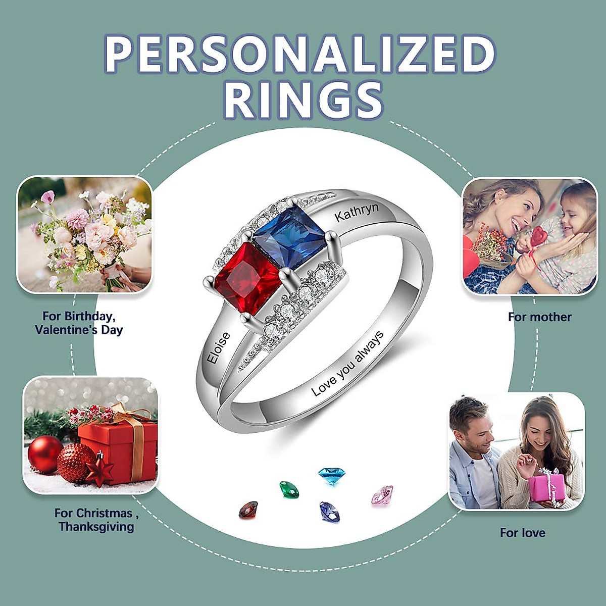 Jessemade Personalized Sterling Silver Couples Promise Rings for Her Engagement Wedding Rings for Women Mothers Mom Jewelry with 2 Simulated Birthstones (7.5)