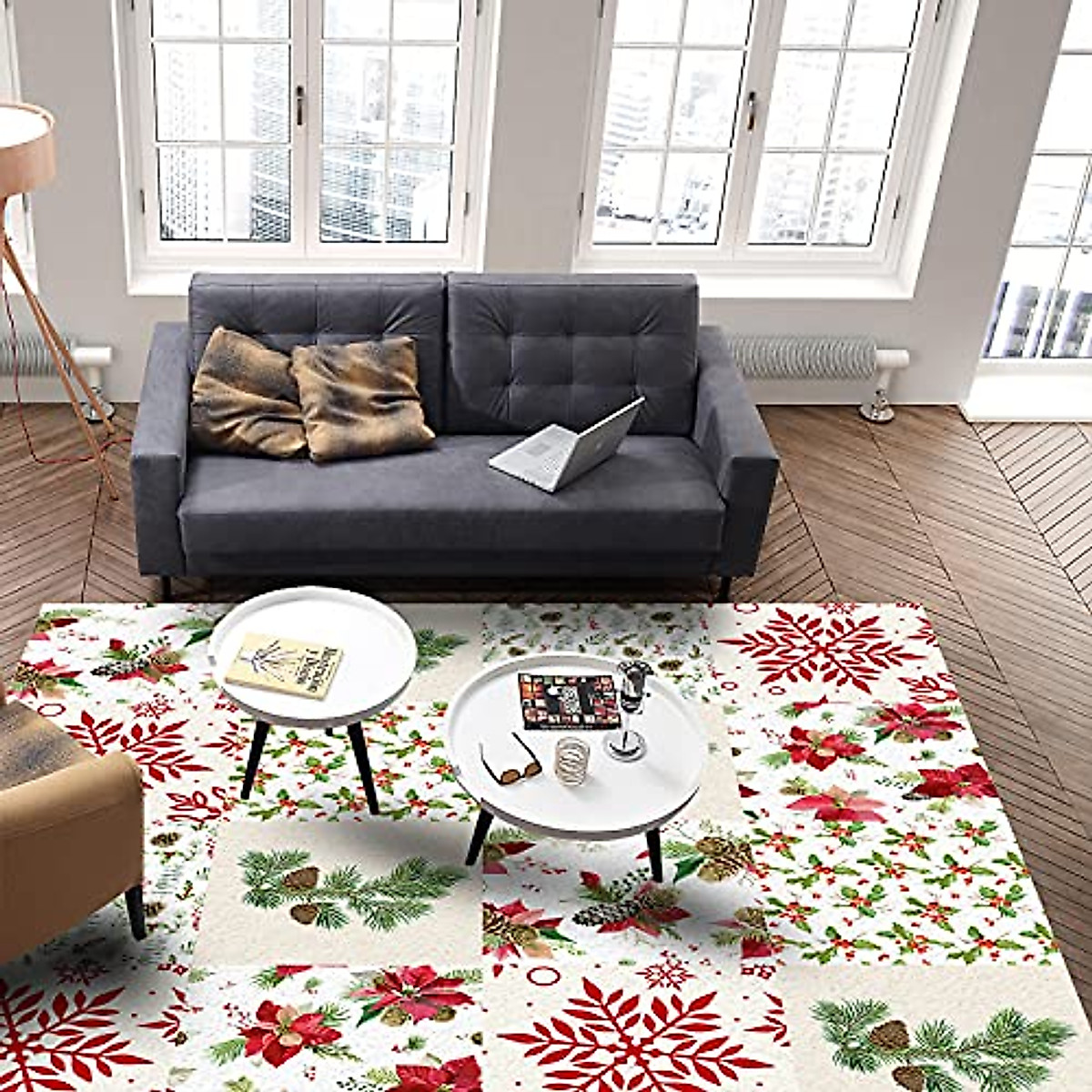 Indoor Area Rug - Welcome Mat Living Room Area Rugs Washable Non-Slip Floor Carpet for Bedroom Farmhouse Dorm (Farmhouse Christmas Snowflake Pine Needle Poinsettia, 2'x3')