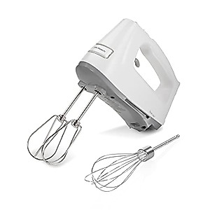 Hamilton Beach Electric Hand Mixer with DC Motor & 3 Speeds, Wire Beaters, Whisk, Swivel Cord and Bowl Rest White (62661)