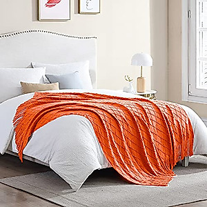 Walensee Throw Blanket for Couch, 50 x 60 Orange, Acrylic Knit Woven Summer Blanket, Lightweight Decorative Soft Nap Throw with Tassel for Chair Bed Sofa Travel Picnic, Suitable for All Seasons