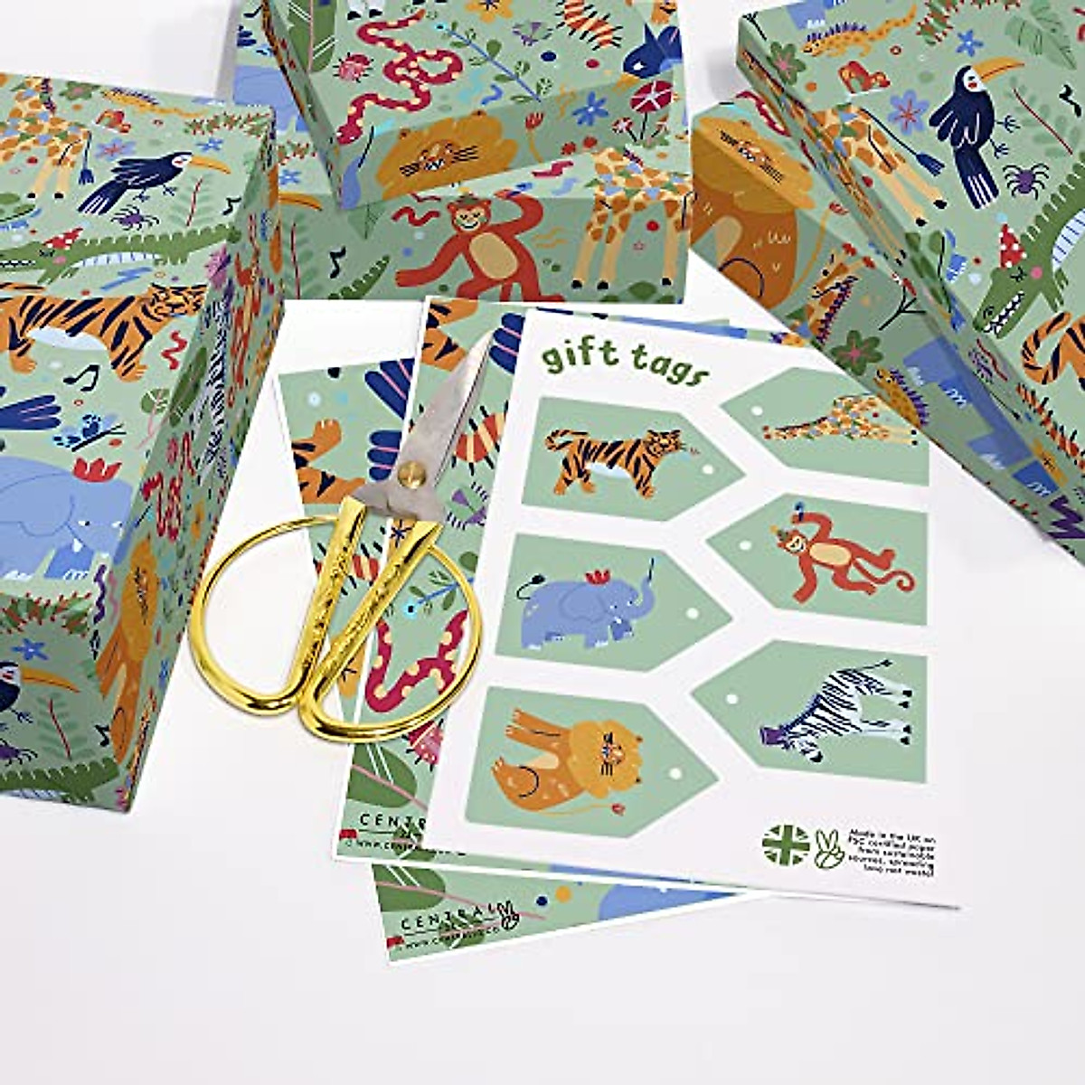 CENTRAL 23 Safari Wrapping Paper - Baby Animal Wrapping Paper - 6 Sheets Of Birthday Gift Wrap - For Birthday Boys and Girls - Comes with Fun Stickers Vegan Ink