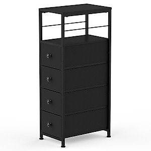 YBING Narrow Dresser for Bedroom, Slim Chest Organizer Nightstand, 4 Fabric Drawers with Wood Shelf, Side Tables for Small Spaces, Black