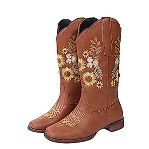 Chunky Heel Cowgirl Boots Vintage Western Boots Cowboy Cowgirl Motorcycle Boots Sunflower Embroidered for Womens Boot Brown
