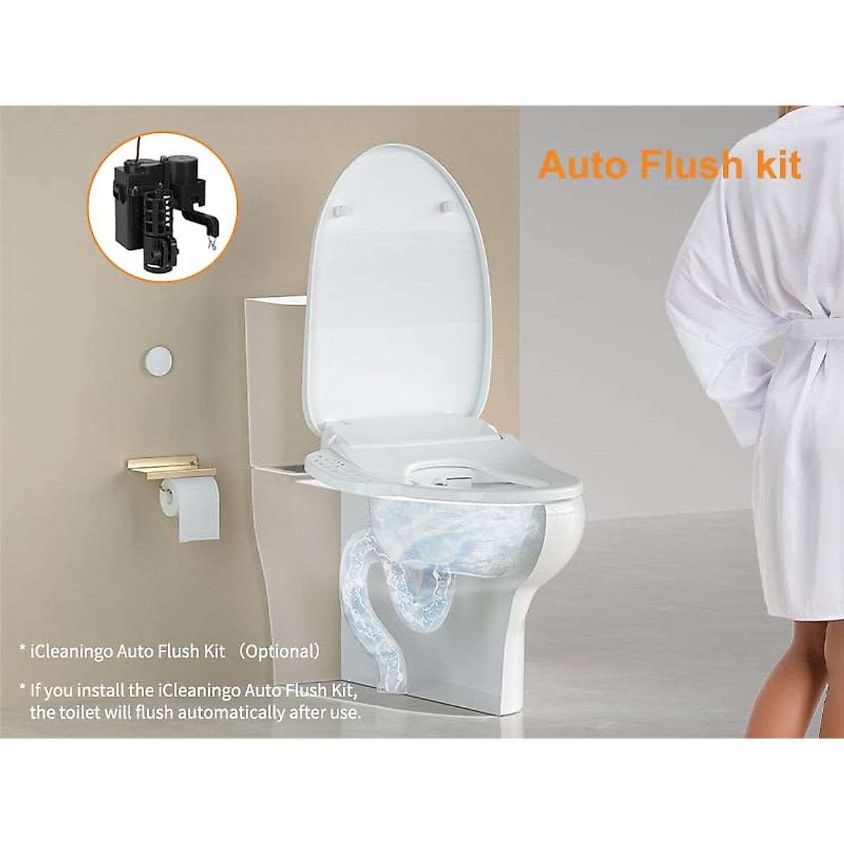 Bundle iCleaningo DC01 Auto Open/Close Elongated Bidet Toilet Seat & iCleaningo F1 Auto Flush Kit for Side-Flush Toilets