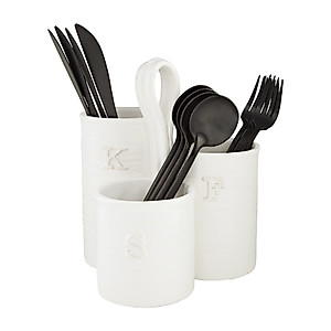 Mud Pie Fork, Knife and Spoon Utensil Holder, White, 8" x 7" dia
