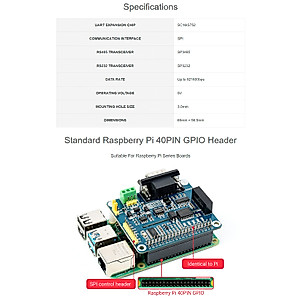 Isolated RS485 RS232 Expansion HAT Board for Raspberry Pi 4B/3B+/3B/2B/Zero/Zero 2 W/Zero 2 WH, SPI Control Onboard Protection Circuits