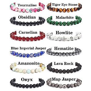 BOMAIL 12Pcs Natural Semi-Precious Gemstones Bracelets -8mm Round Beaded Bracelets for Men Women Reiki Healing Crystals Beads Stretch Bracelet