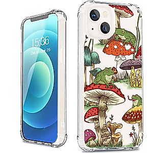 PAPCOOL,Frogs Phone Case Mushrooms Phone Case Cover,Clear Cute Forest Phone Case Kawaii Aesthetic Vintage Animal Cartoon Pattern for Fashion Slim Soft TPU Compatible with iPhone 13 Mini