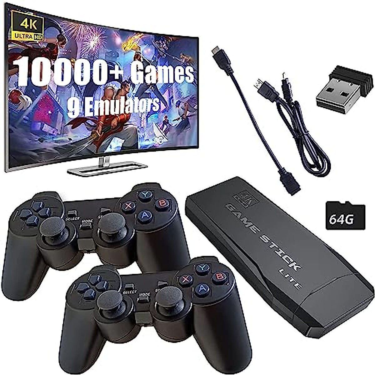 Wireless Retro Game Console - JICVY Plug and Play Video Games, 10,000+ Built-in Games, 9 Classic Emulators, 4K HDMI Output, Dual 2.4GHz Wireless Controllers, Ideal Gift for Kids & Adults (64)