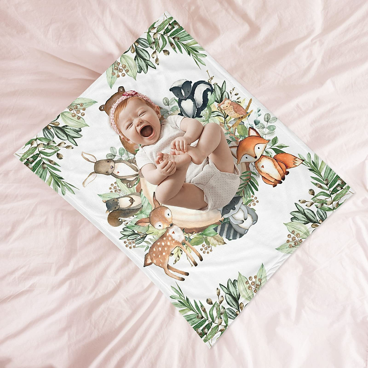 Personalized Woodland Animals Baby Blanket with Name Custom Baby Blanket for Boys Girls Soft Throw Blanket for Baby Shower Nursery Décor Plush Fleece & Giftable - Woodland Animals 2 50x60in