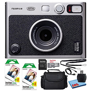Fujifilm Instax Mini EVO Hybrid Instant Film Camera (Black) (16745183) Bundle with 40 Instant Film Sheets + 32GB Memory Card + Small Padded Case + SD Card Reader + Microfiber Cleaning Cloth