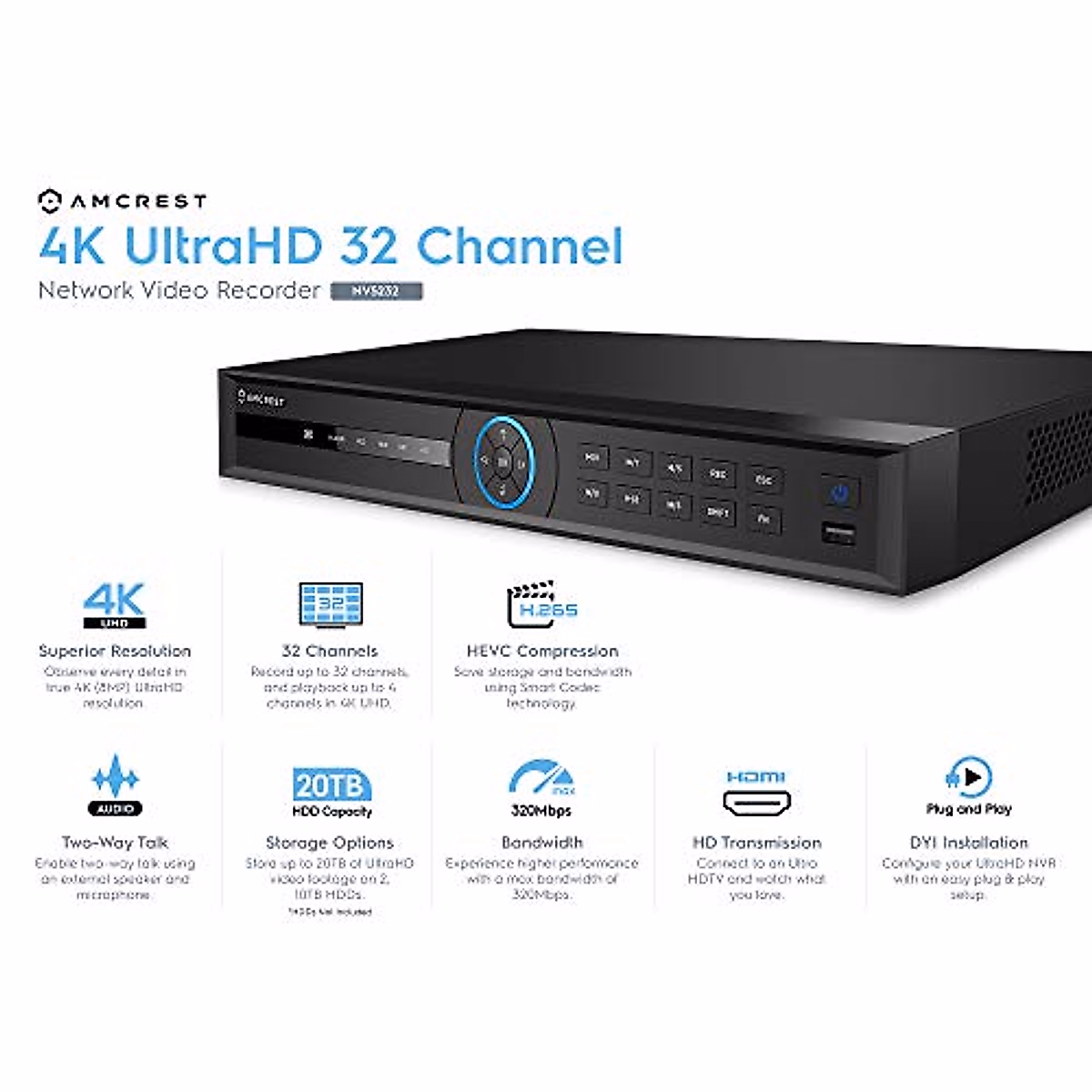 Amcrest 4K NV5232 (32CH 1080P/3MP/4MP/5MP/6MP/4K/12MP) Network Video Recorder - Supports up to 32 x 4K IP Cameras, Supports up to 2 x 10TB Hard Drives (Not Included) (No PoE Ports Included)