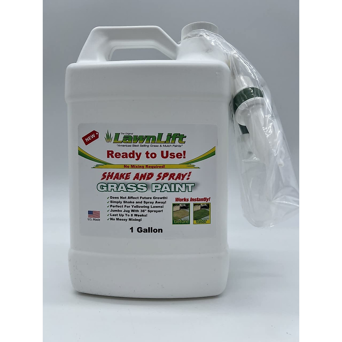 1 gallon pre-mixed, ready to use lawn paint. Includes trigger sprayer and 35" hose for easier application.