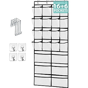 Over the Door Shoe Organizer, Hanging Shoe Rack, Back Door Shoe Storage Organizer wtih 2 Style Sturdy Breathable Ventilated Visible Mesh Pockets and 2 Style Hooks for Nursery, Bedroom, Living Room