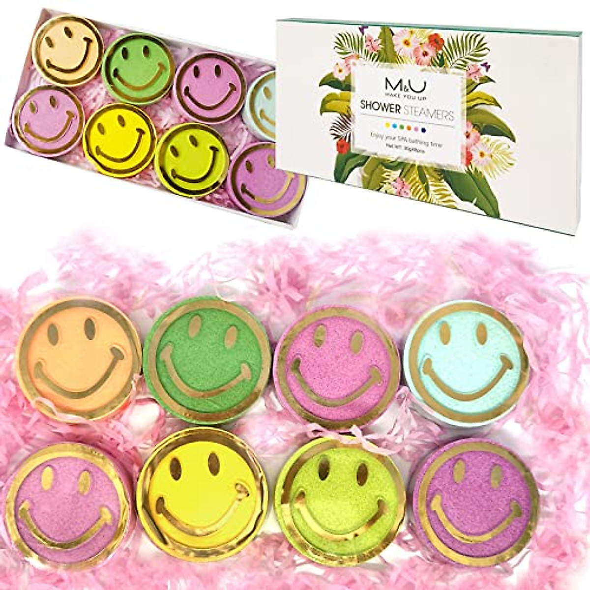 Shower Steamers Aromatherapy - 8 Pcs Smile Face Scented Bath Bomb Steamer Tablets for Shower with Pure Essential Oils, Women Stress Relief Spa Gift for Birthday, Christmas and Valentine's Day