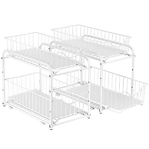 MOOACE 2 Pack Stackable 2 Tier Under Sink Cabinet Organizer with Sliding Storage Drawer, Pull Out Basket Organizer for Pantry, Under The Sink, Bathroom, Kitchen, White