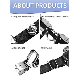 Geyoga 2 Pieces Adjustable Heart Shaped Leg Garters Women Sexy Lace Heart Harness Garter Belts Elastic Punk Rivet Thigh Ring Garters with Non-Slip Clips for Women Black