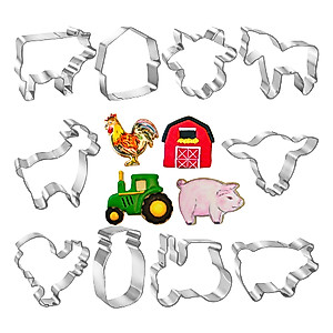 10 PCS Farm Cookie Cutter Set with Recipe Booklet Rooster Cow Pig Lamb Horse Barn and Tractor Cow Face Milk Bottle Bull head