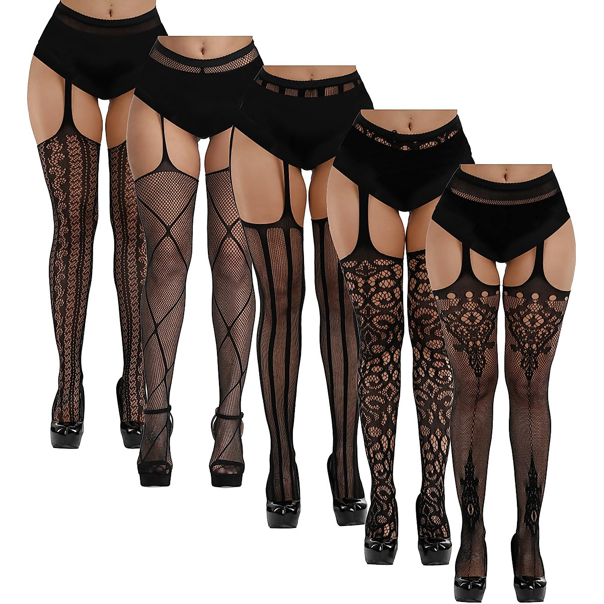 Fullsexy Plus Size Stockings, Fishnet Tights Suspander Pantyhose Thigh High with 4 Thongs for Women, Black1, One Size