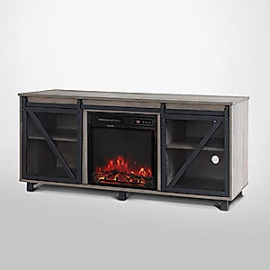 ENSTVER 58 Inch TV Stand Console W/Sliding Barn Door for TVs up to 65",with Fireplace and Remote Control,Grey(Log Set)