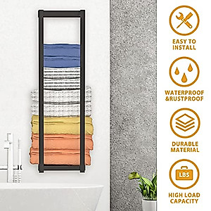 YEMUNY Towel Rack Wall Mounted, Bathroom Towel Holder with Mesh Shelf and 4 Hooks, Metal Towel Storage Organizer Wall can Holds up to 7 Large Size (54 x27 Inch) Rolled Towels, Black