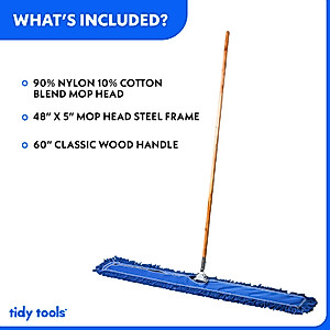 Tidy Tools Commercial Dust Mop & Floor Sweeper, 48 in. Dust Mop for Hardwood Floors, Reusable Dust Mop Head, Wooden Broom Handle, Industrial Dry Mop for Floor Cleaning & Janitorial Supplies, Blue