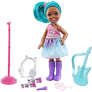 Barbie Chelsea Can Be Playset with Brunette Chelsea Rockstar Doll (6-in), Guitar, Microphone, Headphones, 2 VIP Tickets, Star-Shaped Glasses, Great Gift for Ages 3 Years Old & Up