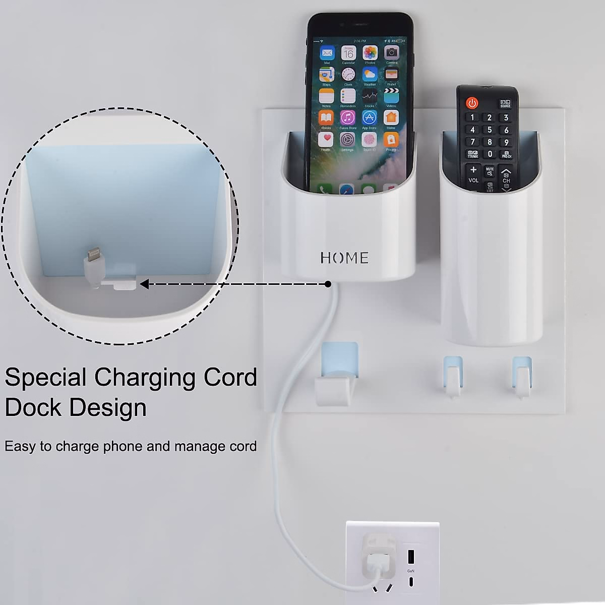 OKOMATCH Bedside Shelf Caddy Drink Beer Holder Can Wall Mounted | Adhesive Stick On | 3 Hooks Drain Hole Design Cellphone Organizer | Gaming RV Boat Bedroom Office