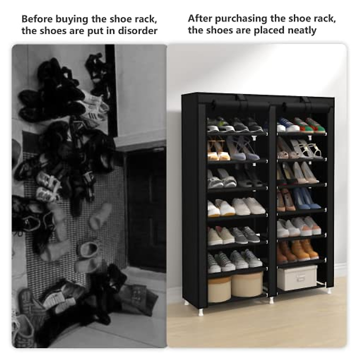 JIUYOTREE 7-Tier Shoe Rack with Dustproof Cover Shoe Storage Organizer Closet Shoe Cabinet Shelf Hold up to 28 Pairs of Shoes for Doorway Corridor Balcony Living Room Black