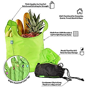 Reusable Grocery Bag - 5 Pack Green Reusable Shopping Bags with Pouch, Compact Travel Shopping Totes, Super Strong Shopping Bags, Foldable & Washable, Lightweight Ripstop Nylon for Groceries and Produce