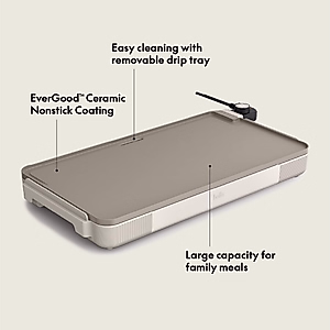 bella 12" x 22" Electric Griddle with EverGood™ Ceramic Nonstick Coating, Removable Temperature Probe, Dishwasher-Safe Drip Tray & Cool Touch Handles, Cook up to 15 Eggs, 1500 Watt, Oatmilk