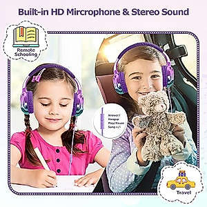 QearFun Headphones for Girls Kids for School, Kids Wired Headphones with Microphone & 3.5mm Jack, Teens Noise Cancelling Headphone with Adjustable Headband for Tablet/Smartphones-Gradient Deep Purple