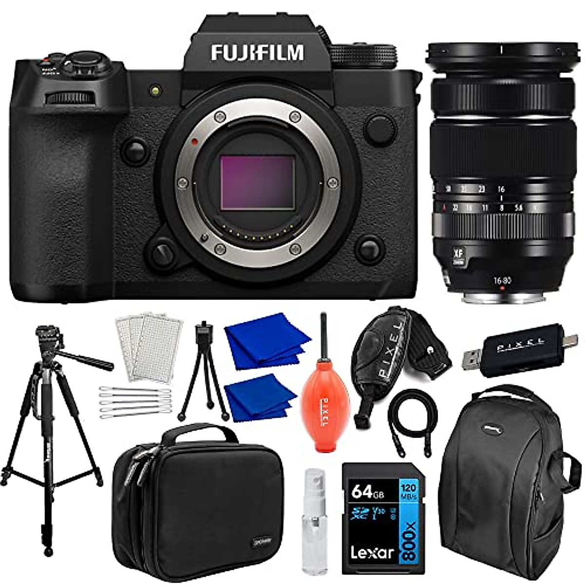 Fujifilm X-H2 Mirrorless Camera with XF16-80mm Lens - Black with Advanced Bundle, Promaster Rope Strap, Impulse Handy Case, Pixel Hurricane Blower, Handstrap & More
