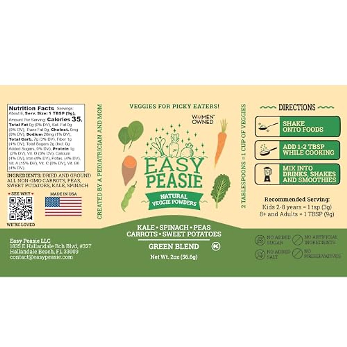 Easy Peasie Organic Veggie Powder Blends for Kids and Picky Eaters | Kids Greens Powder | Green Blend 2oz Jar