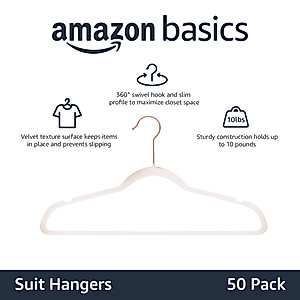 Amazon Basics Slim, Space-Saving, Velvet, Non-Slip, Sturdy Suit Clothes Hangers, Pack of 50, Blush Pink/Rose Gold