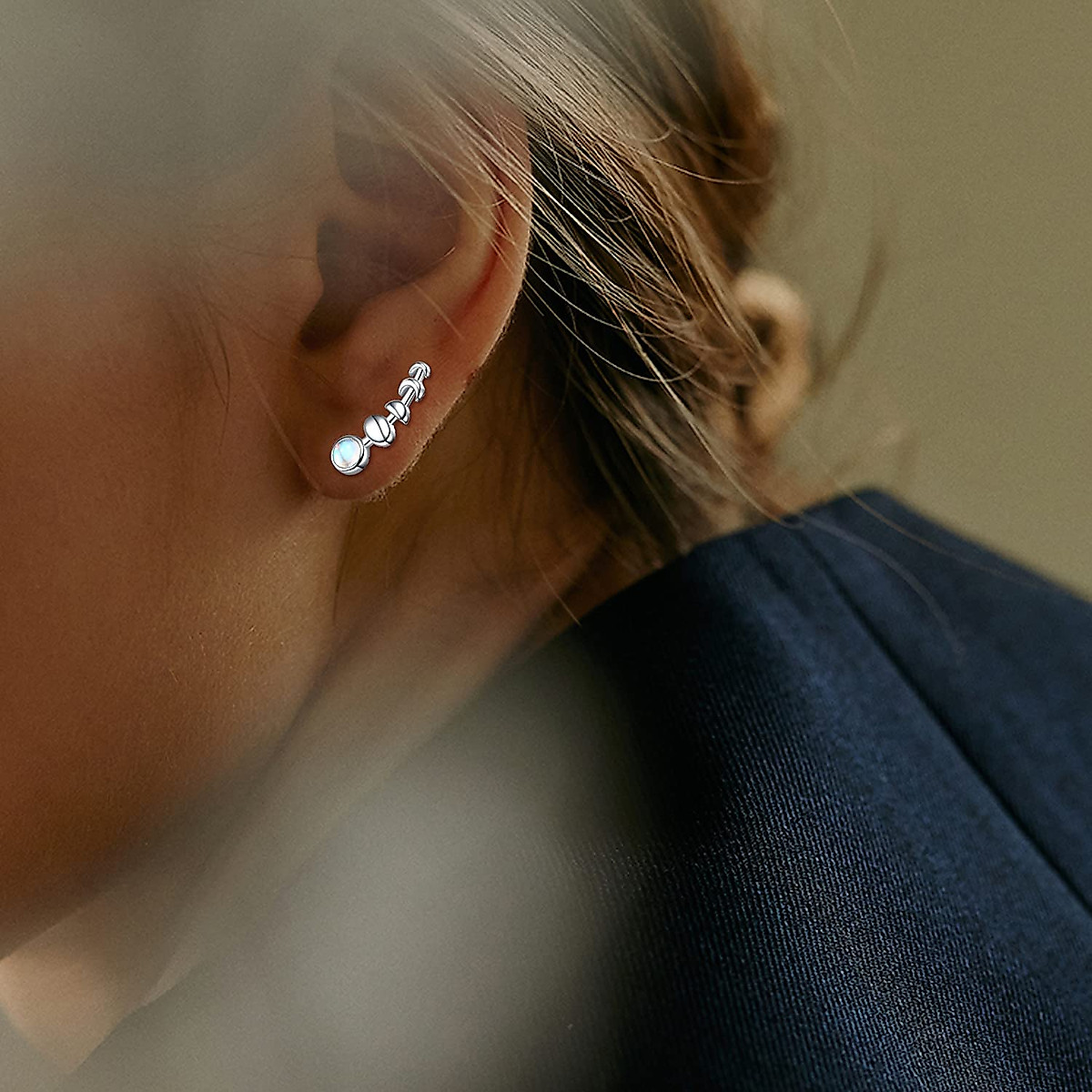 925 Sterling Silver Moon Phase Ear Crawler Cuff Earrings Ear Climber Hypoallergenic Moonstone Earrings (AB Color Moonstone)